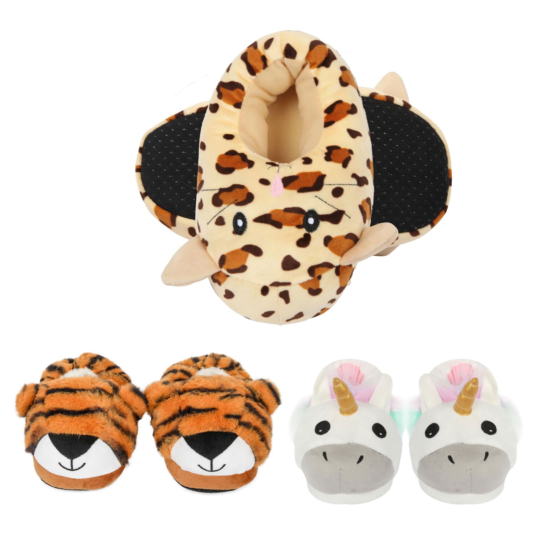 Kids 3D Animal Slippers Soft Plush Non Slip Sole Tiger Leopard Unicorn ...