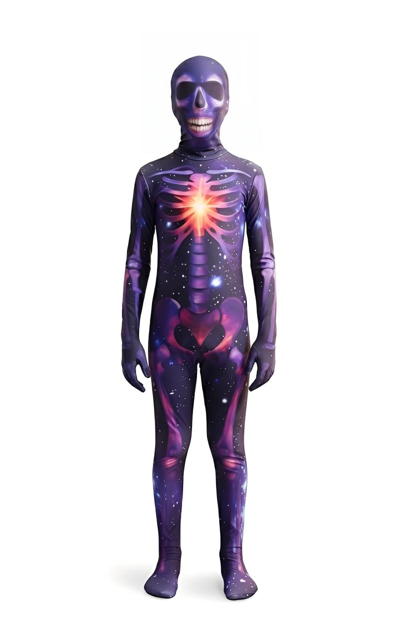 Girls Boys Galaxy Glow Skeleton Halloween Costume Cosmic Jumpsuit Mask ...
